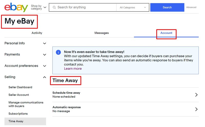 EBay Vacation Mode Time Away 